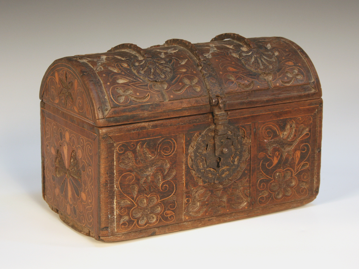 A late 17th Century Dutch marquetry inlaid dome-topped casket with ...