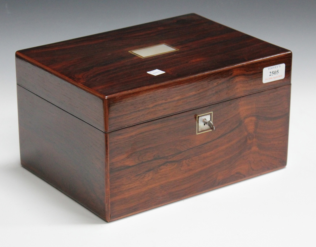A Victorian rosewood box, the hinged lid and front with mother-of-pearl ...