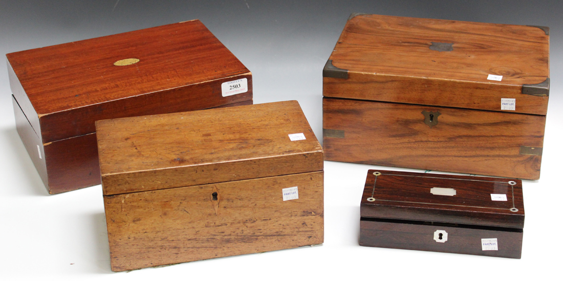 A late Victorian walnut work box with brass mounts, width approx 30cm ...