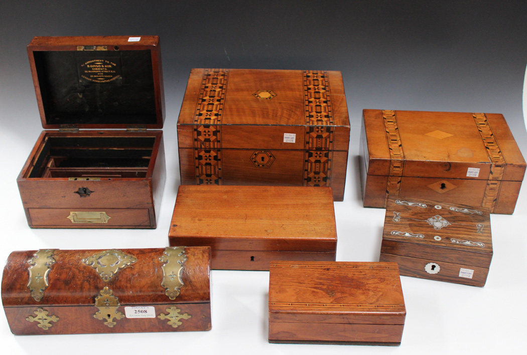 A Victorian burr walnut domed box with applied brass mounts, together ...