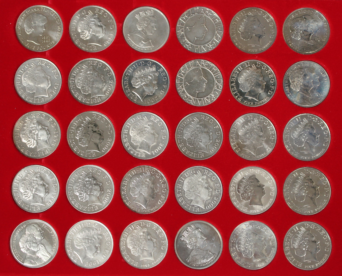 A Collection Of Thirty eight Elizabeth II Commemorative Five Pounds A Collection Of Thirty eight Elizabeth II Commemorative Five Pounds